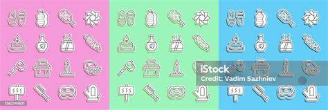 세트 라인 사우나 장갑 레몬 수제 브러쉬 에센셜 오일 병 아로마 촛불 슬리퍼 및 디퓨저 아이콘 벡터 감귤류 과일에 대한 스톡 벡터 아트 및 기타 이미지 Istock