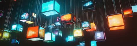 Floating Cubes Display Abstract Symbols Of Text Photos And Videos In A Vibrant Digital