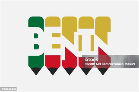 펜 기호 창의적인 아이디어 디자인이 있는 베냉 텍스트 베냉 국기 색상 개념 벡터 그림입니다 베냉 타이포그래피 네거티브 스페이스 단어 벡터 그림 베냉 국가 이름 벡터