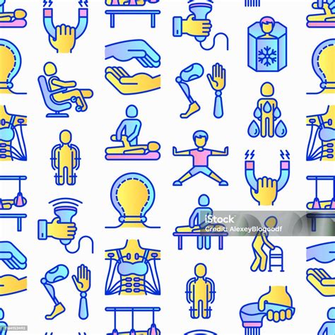 자기 치료 레이저 마사지 림프 배수 외골격 냉동 요법 생체 메카트로닉스 얇은 라인 아이콘장애인 원활한 패턴을위한 재활 벡터 그림입니다 냉동 요법에 대한 스톡 벡터 아트 및