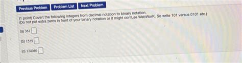 solved 1 point covert the following integers from decimal