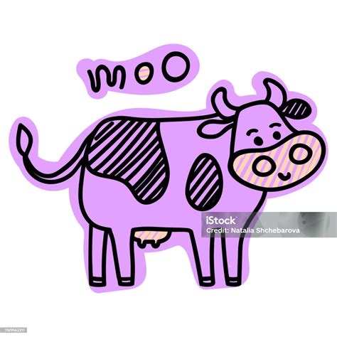 벡터 일러스트 라인 만화 스케치 서 발견 소 손으로 그린 고립 보라색 색상 Moo글자 패키지 포스터 라벨 디자인 배너 전단지 등에 적용 가능 귀여운에 대한 스톡 벡터 아트