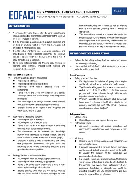 MODULE 2 CHAP 1-3 - EDFACI METACOGNITION: THINKING ABOUT THINKING Module 2 SECOND YEAR | FIRST ...