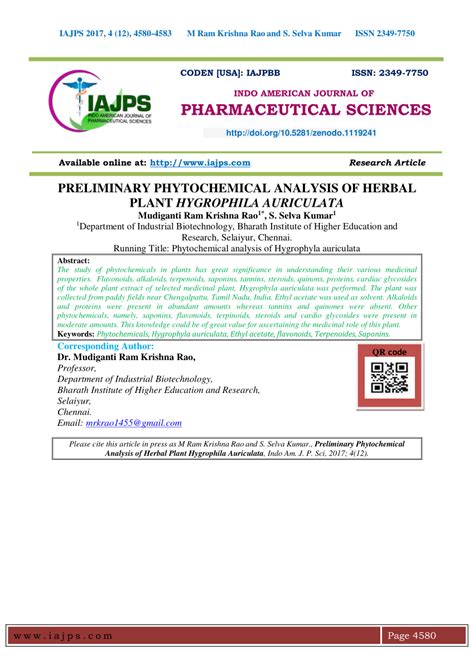 Pdf Preliminary Phytochemical Analysis Of Herbal Plant Hygrophila Auriculata Running Title