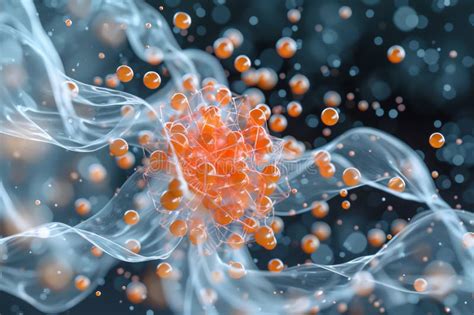 Abstract Digital Illustration Of A Molecular Structure With Interconnected Orange Particles On A