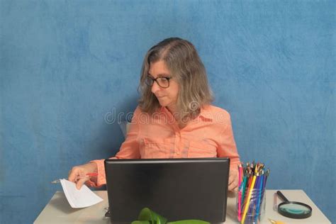 Woman Thinking And Concentrated With Laptop Computer Working Fro Stock