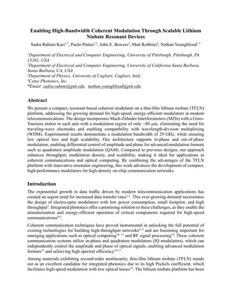 PDF Enabling High Bandwidth Coherent Modulation Through Scalable Lithium Niobate Resonant Devices