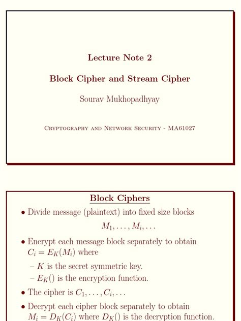 Lecture Note 2 Block Cipher And Stream Cipher Sourav Mukhopadhyay Pdf