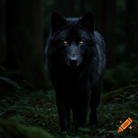 Full Body Photo Of A Black Wolf With Golden Eyes In A Dark Forest On