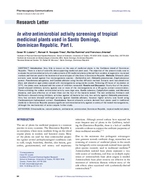 Pdf In Vitro Antimicrobial Activity Screening Of Tropical Medicinal Plants Used In Santo