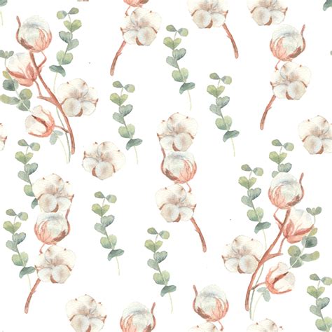 Cotton Flower And Eucalyptus Watercolor Pattern Background Fabric