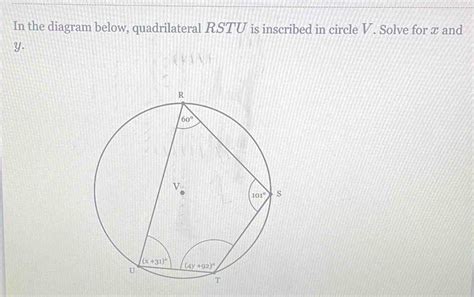 Solved In The Diagram Below Quadrilateral Rstu Is Inscribed In Circle V Solve For X And Y Math