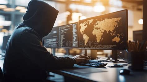 A Cybercriminal Coding On Computer Displays Involving Cybersecurity Data And Concepts Of