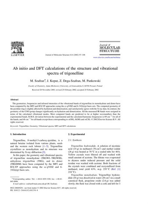 Pdf Ab Initio And Dft Calculations Of The Structure And Vibrational Spectra Of Trigonelline
