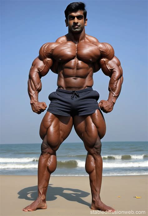 Bodybuilder Indian Flexing His Huge Muscles And His Huge Leg In The