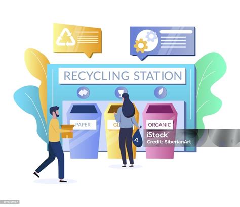유리 종이 유기 쓰레기통 플랫 벡터 일러스트에 쓰레기를 던지는 사람들 재활용을 위한 폐기물 선별 가방에 대한 스톡 벡터 아트 및