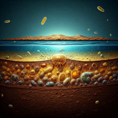 Microscopic Ocean Life Cross Section With Bacteria In Sediment Layers