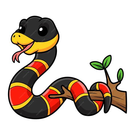 Dessin Animé Mignon Serpent Corail Heureux Sur Une Branche Darbre Vecteur Premium