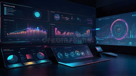 High Tech Financial Dashboard Featuring Holographic Graphs And Digital Currency Stock