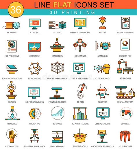 Vector 3d Printing Modeling Flat Line Icon Set Modern Elegant Style