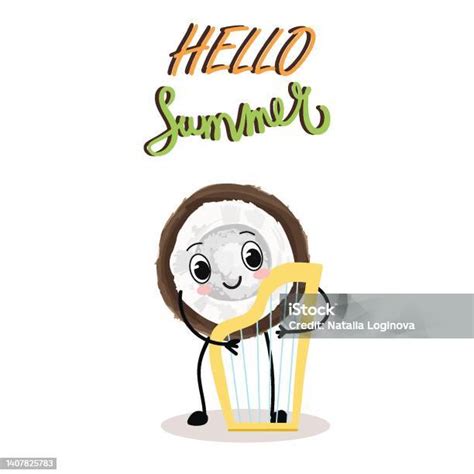 벡터 일러스트 레이 션 캐릭터 만화 코코넛 플룻 뮤지컬 연주 비문 안녕하세요 여름 여름 시간 여름 분위기 과일 유기농 여름 티셔츠 디자인 Friendly Match에 대한