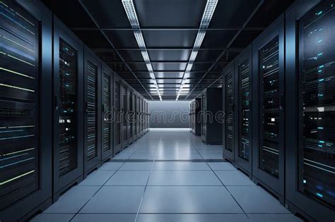 Data Center With Rows Of Servers And Storage Devices Visible Stock