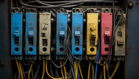 Close Up Of A Circuit Breaker Box With Color Coded Wires Concept Of Electrical Wiring Energy