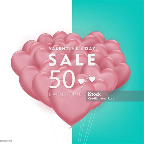 발렌타인의 날 판매 제공 배너 서식 파일 합니다 3 차원 심장 모양의 핑크 풍선 사랑 일 판매 태그 쇼핑 시장 포스터 디자인입니다 2월에 대한 스톡 벡터 아트 및 기타