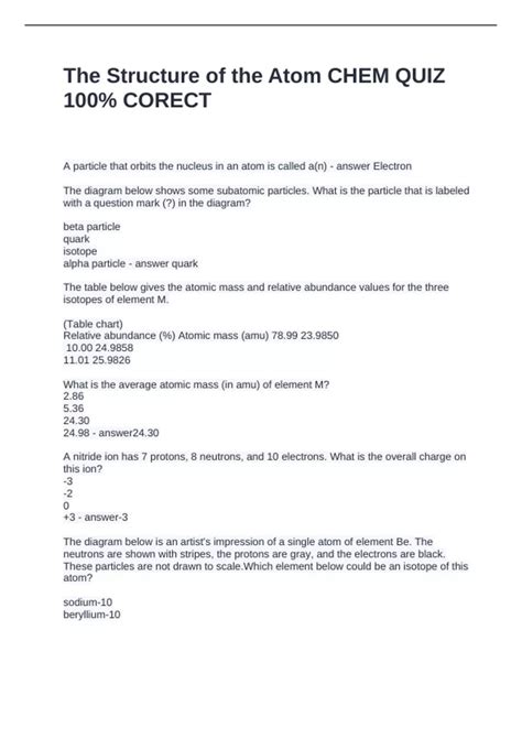 The Structure Of The Atom Chem Quiz 100 Corect Questions And Answers