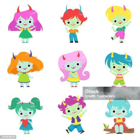 귀여운 뿔 트롤 남자와 여자 세트 사랑 스러운 웃는 판타지 생물 문자 색 된 머리 벡터 일러스트 귀여운에 대한 스톡 벡터 아트