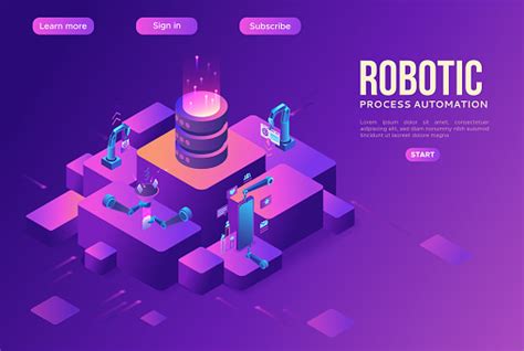 데이터로 작업하는 로봇 무기 이동 파일 웹 사이트에서 정보 추출 디지털 기술 서비스 3d 등자극 벡터 일러스트레이션을 통한 로봇 프로세스 자동화 개념 개념에 대한 스톡 벡터