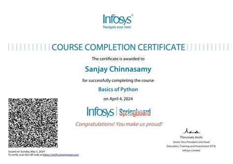Completion Of Python Course With Infosys Sanjay Chinnasamy Posted On