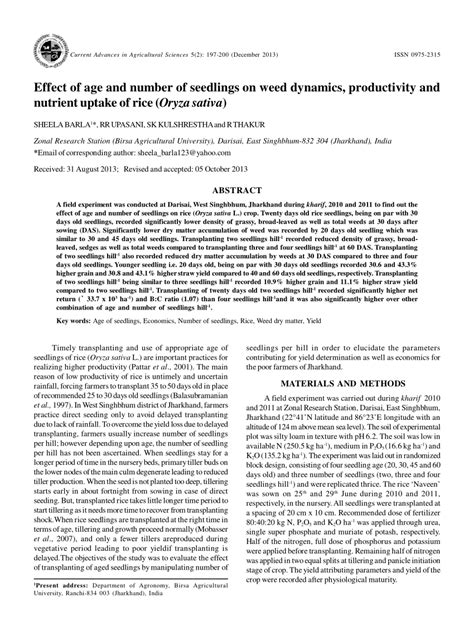 Pdf Effect Of Age And Number Of Seedlings On Weed Dynamics Productivity And Nutrient Uptake