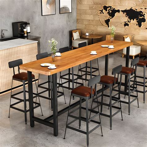 Modern Rectangular Bar Table Pine Wood Top Iron Trestle Base With