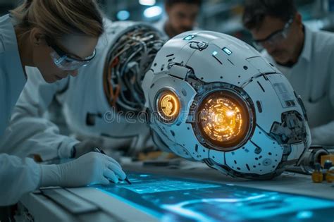 Humans And Androids Collaborating In Technology Development Stock