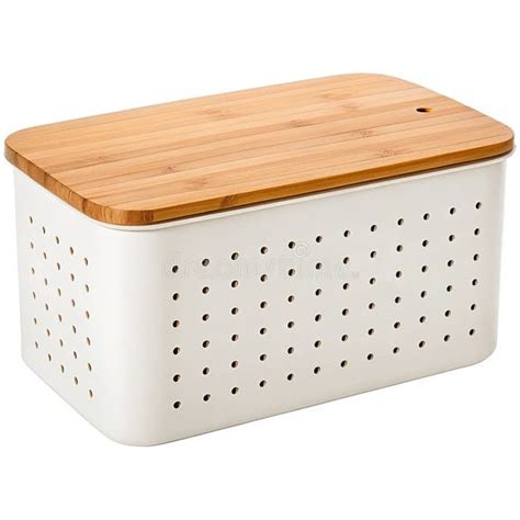 Bread Box With Bamboo Lid And Air Holes Isolated On White Background
