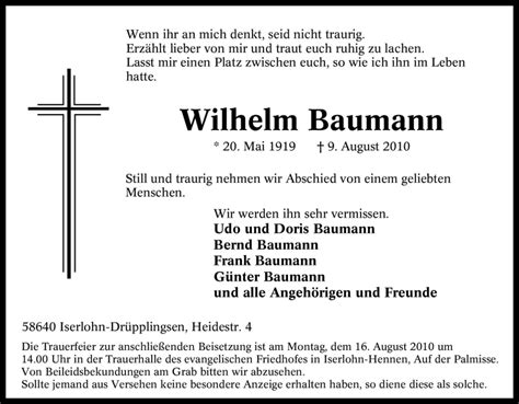 Traueranzeigen Von Wilhelm Baumann Trauer In Nrw De