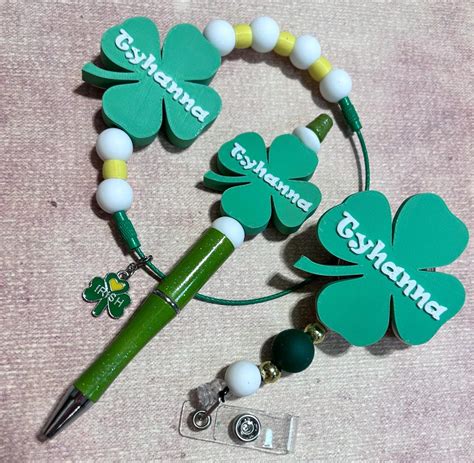 Personalized St Patricks Day Badge Reel Pen Keychain Set Shamrock