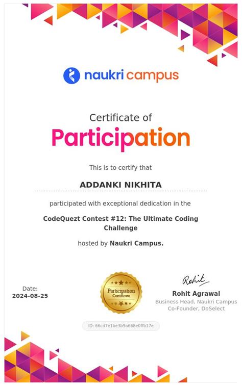 nikhita addanki on linkedin certificate of participation in codequezt