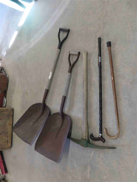 Yard Tools 2 Scoop Shovels Axe 2 Wood Canes Mcsherry Auction