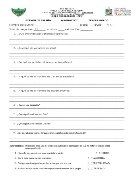 Exámen De Español Diagnostico Tercer Grado