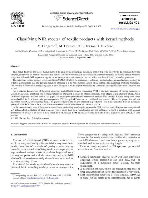 Pdf Classifying Nir Spectra Of Textile Products With Kernel Methods