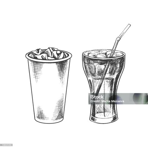 흰색 배경에 격리된 얼음이 있는 콜라 잔의 손으로 그린 스케치 패스트 푸드 빈티지 그림입니다 라벨 포장 및 엽서 디자인을위한 요소 스케치에 대한 스톡 벡터 아트 및 기타