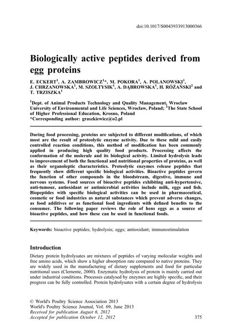 Pdf Biologically Active Peptides Derived From Egg Proteins