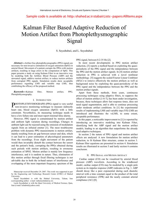 Pdf Kalman Filter Based Adaptive Reduction Of Motion Artifact From