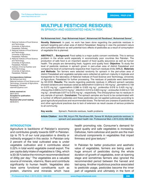 Pdf Multiple Pesticide Residues In Spinach And Associated Health Risk