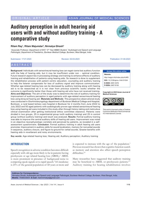 Pdf Auditory Perception In Adult Hearing Aid Users With And Without Auditory Training A