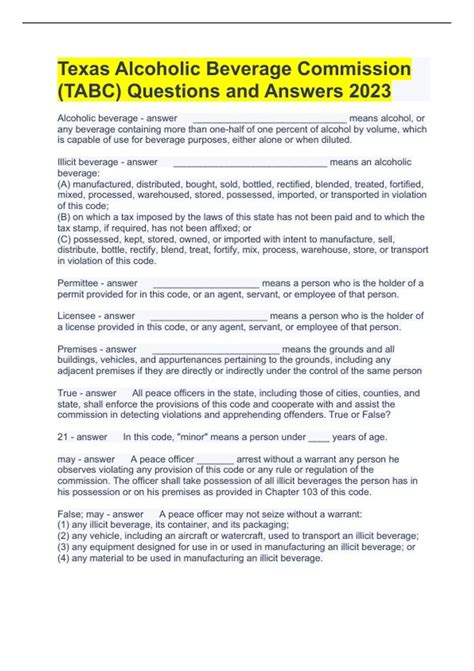 Texas Alcoholic Beverage Commission TABC Questions And Answers Tabc Stuvia US
