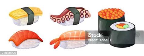 초밥 세트 참치 연어 문어 오믈렛을 곁들인 스시 롤 일본 음식 절연 스티커 Unagi Sushi에 대한 스톡 벡터 아트 및 기타 이미지 Unagi Sushi 개체 그룹