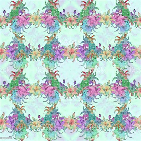 원활한 패턴 백합 꽃 새싹 및 잎 꽃 디지털 아트 여름 정원 꽃 인쇄물 표지판 항목 웹 사이트지도를 사용하십시오 그래픽 프린트에 대한 스톡 벡터 아트 및 기타 이미지